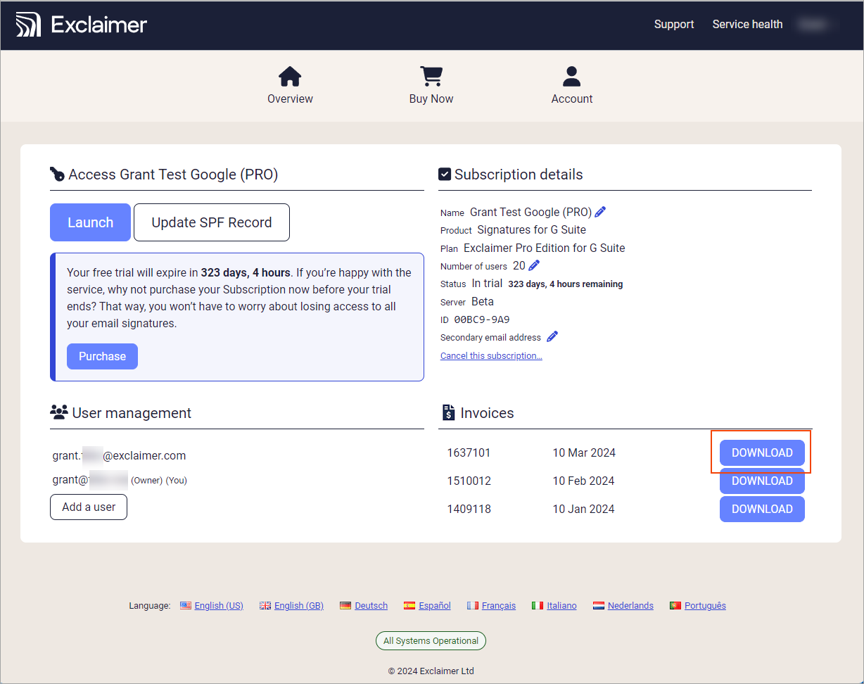 So finden Sie eine Rechnung für Ihr Exclaimer-Abonnement – Exclaimer Wissensdatenbank